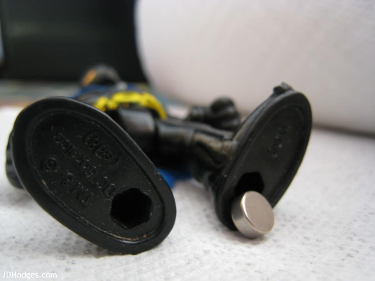 Showing the magnet next to Batman’s existing foot peg holes | J.D. Hodges