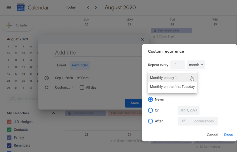 How to add a Google Calendar Reminder that repeats on 1st of each month ...