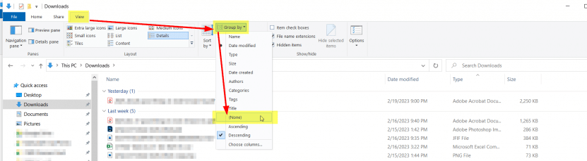 How to DISABLE grouping Windows File Explorer (Yesterday, Today, Last ...