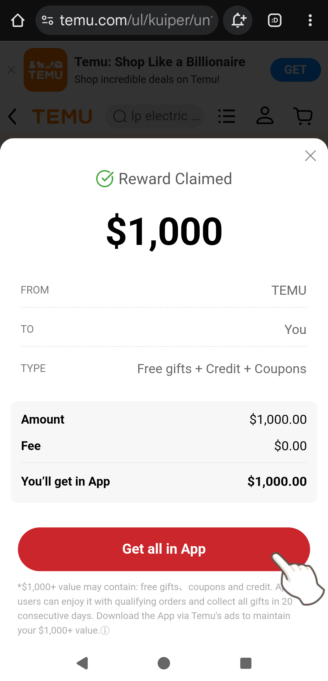 Is Temu's $1,000 Reward Claimed Screen Legit? What You Get